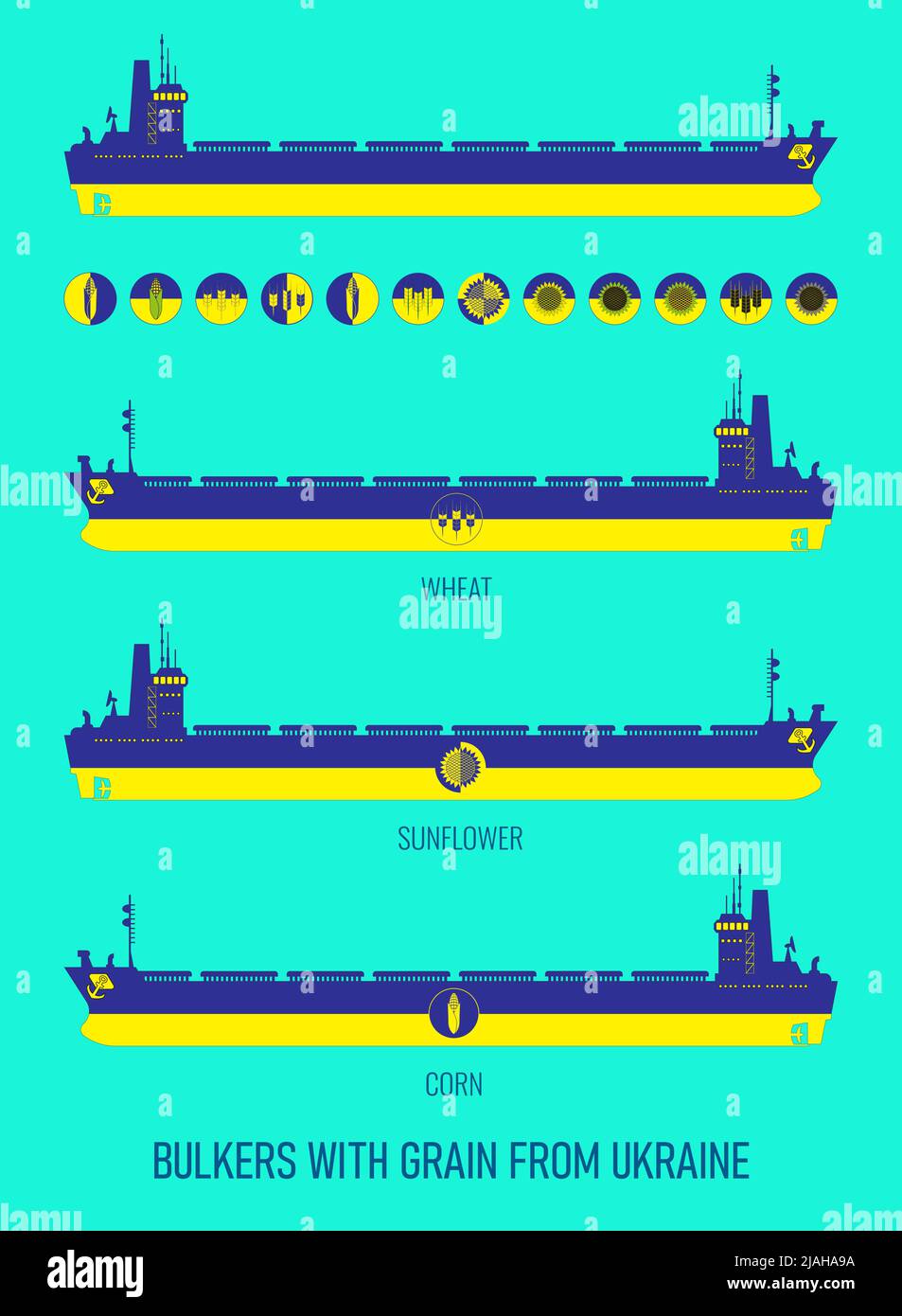 Icon set of dry cargo ships for transportation of bulk cereals and ...