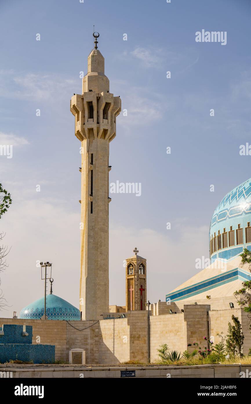 The minaret and blue dome of The King Abdullah Mosque Amman Stock Photo ...