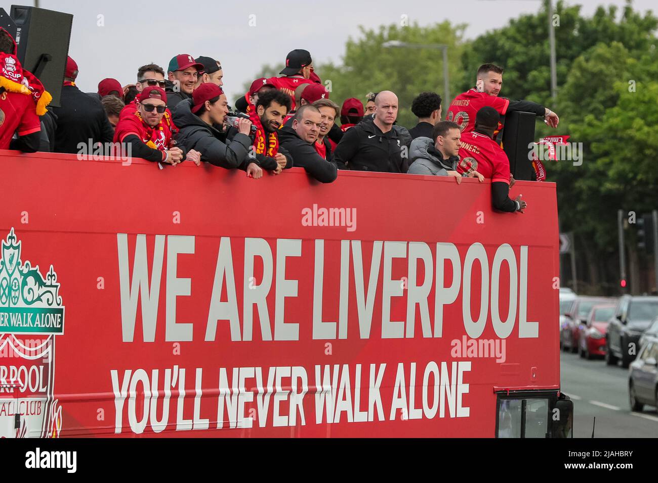 Liverpool, UK. 29th May, 2022. The Liverpool FC squad look on during ...