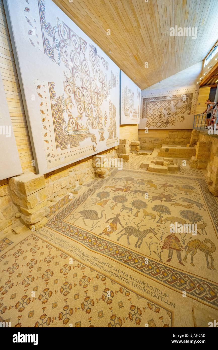 Byzantine mosaics on display in the Museum on Mt Nebo Jordan Stock ...