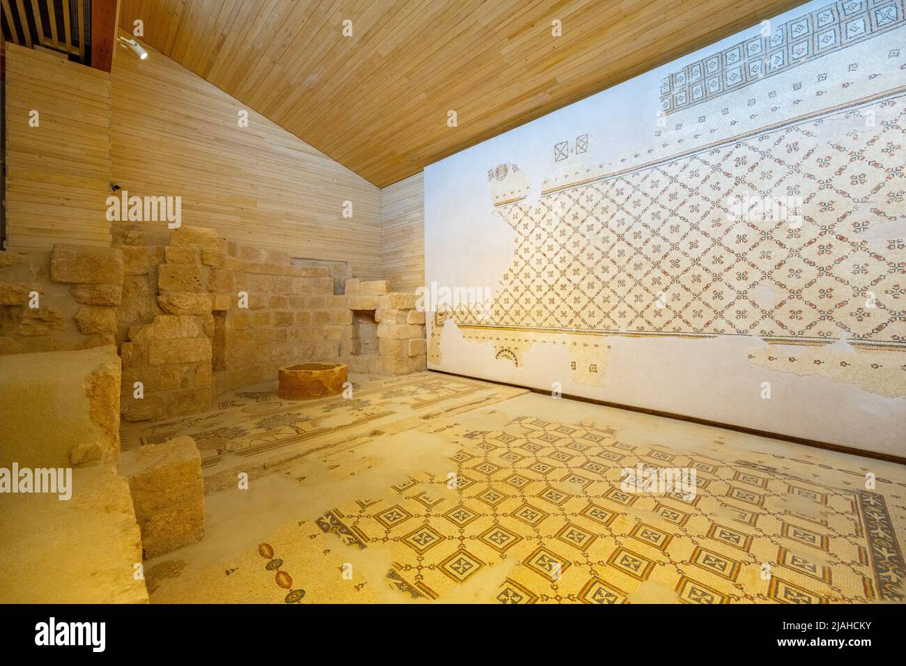 Byzantine mosaics on display in the Museum on Mt Nebo Jordan Stock ...