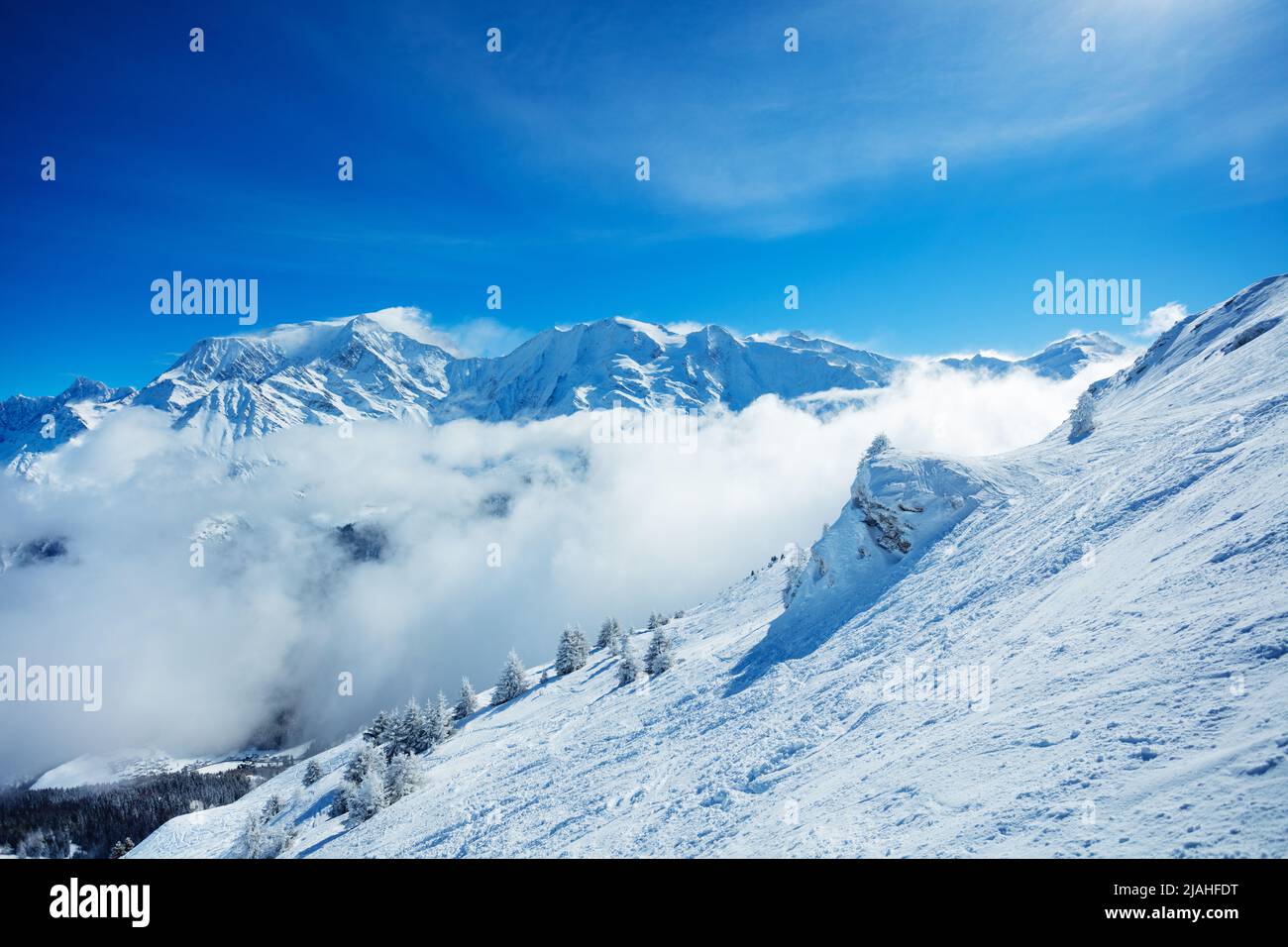View of the Mont Blanc massif mountain range over clouds Stock Photo ...