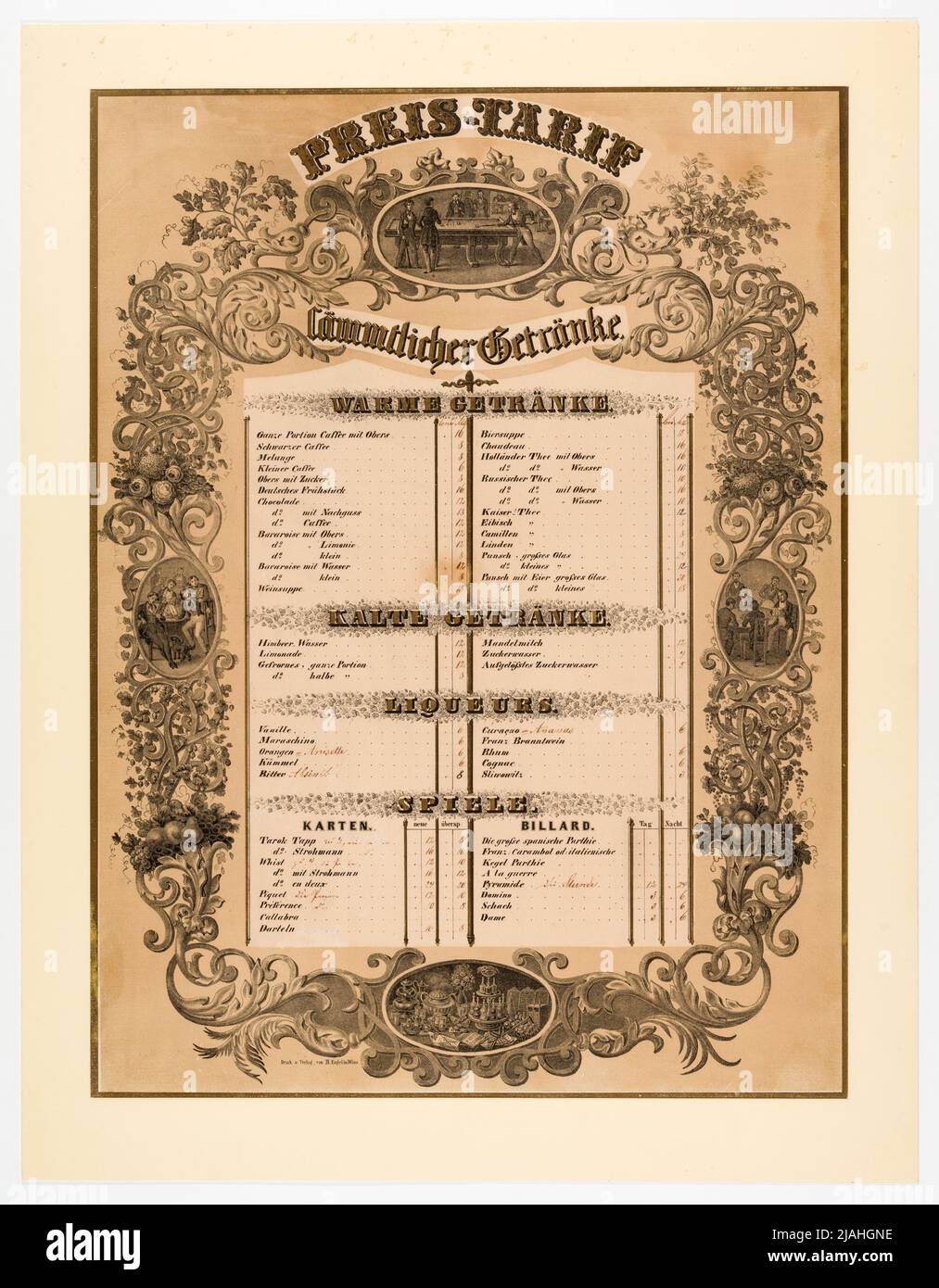 "Price tariff of all drinks" (map of a coffee house). H. Engel, Printer ...