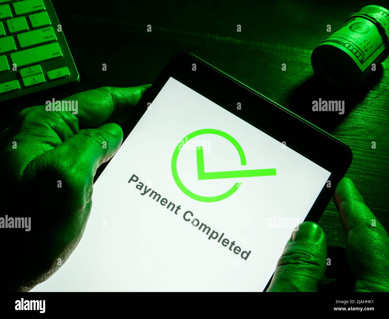 Payment completed on the screen as symbol of online transaction Stock ...