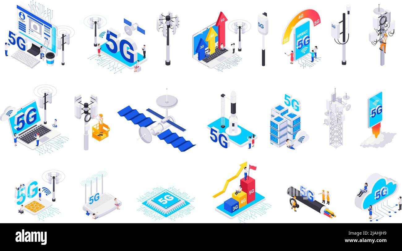 Internet 5G technology isometric icons set of modern net equipment ...