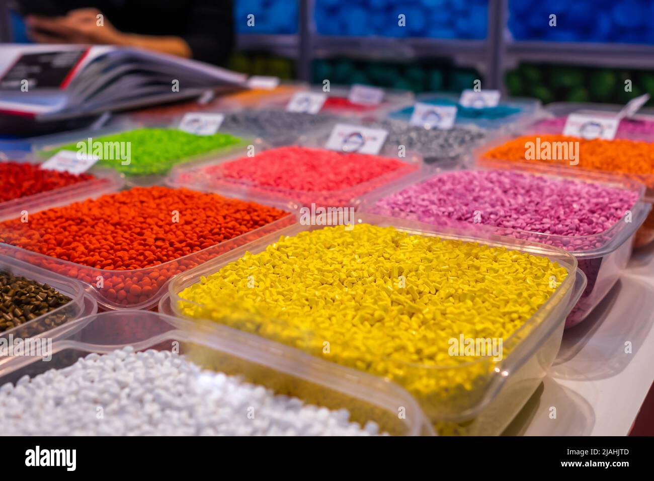 Plastic recycling - heap of colorful secondary granules - close up ...
