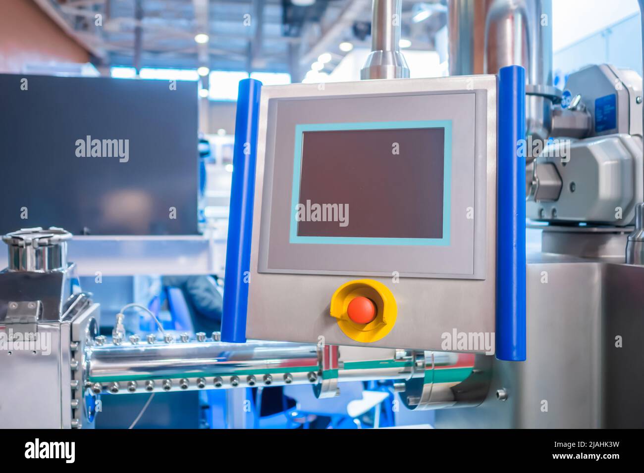 Machine control panel with red push stop button and display Stock Photo ...