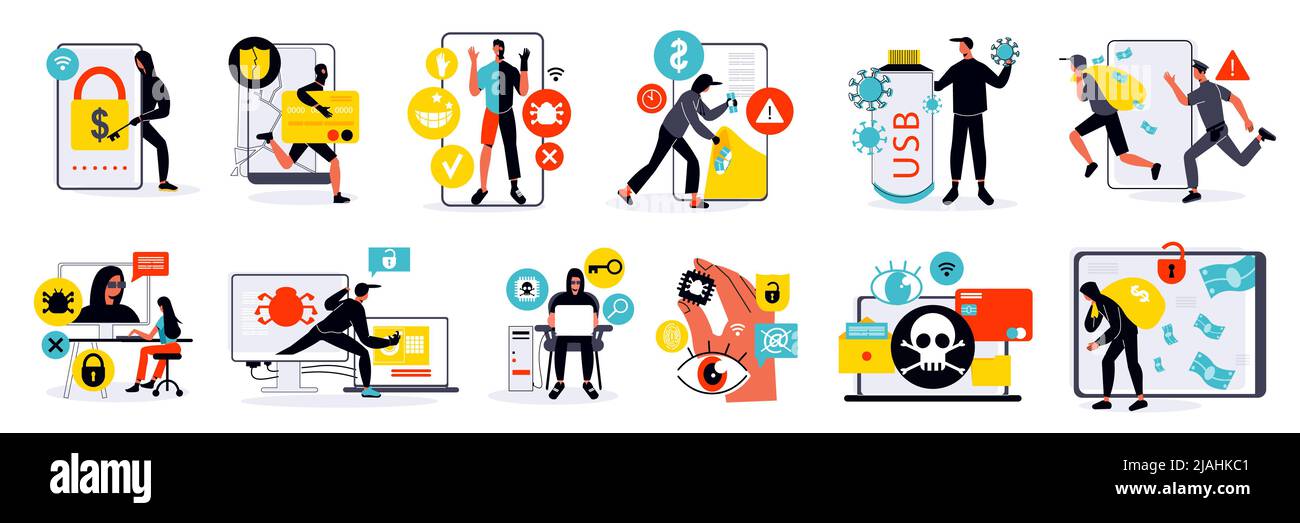 Colorful flat design cybersecurity icons set with criminals hacking into gadgets isolated vector ...