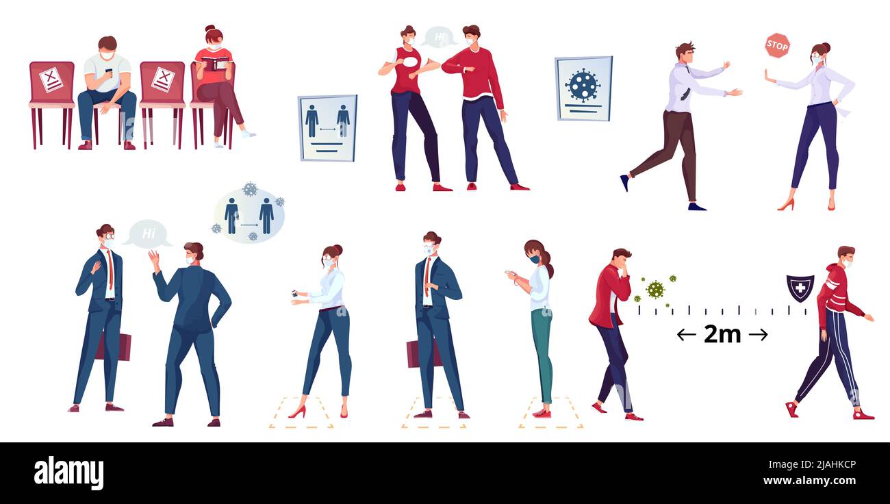 Social distance set with isolated characters of people at safe amount ...