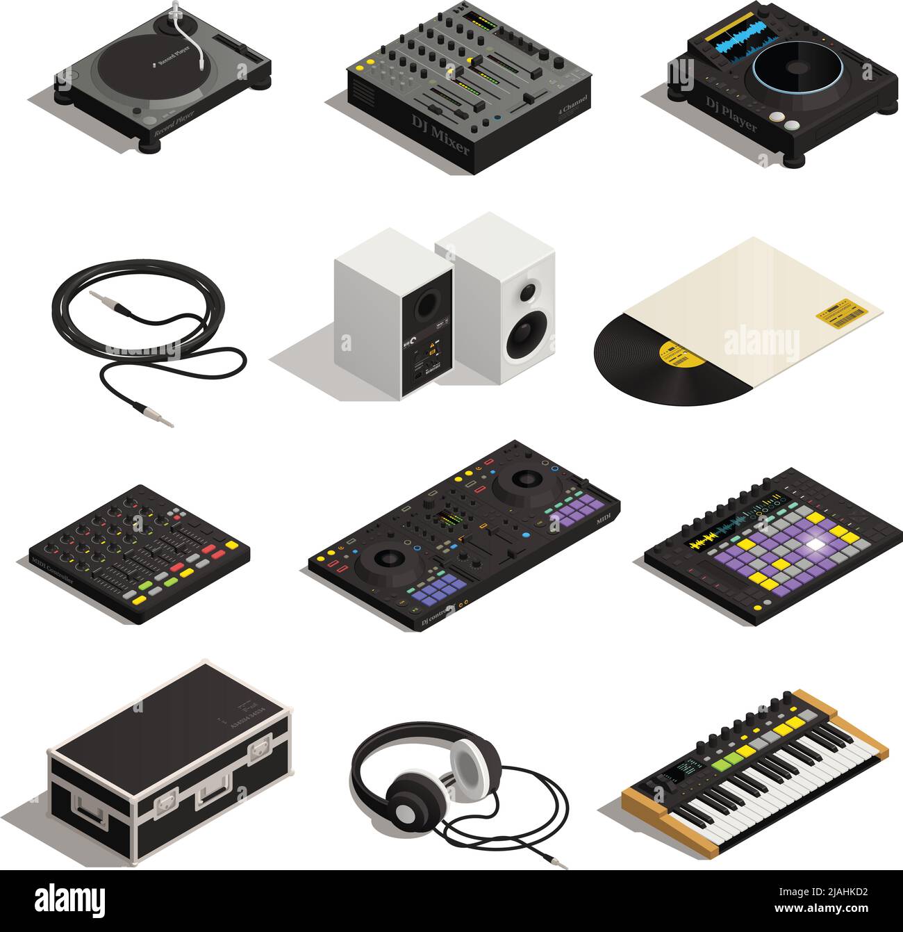 DJ tools equipment isometric set with audio mixer headphone vinyl ...