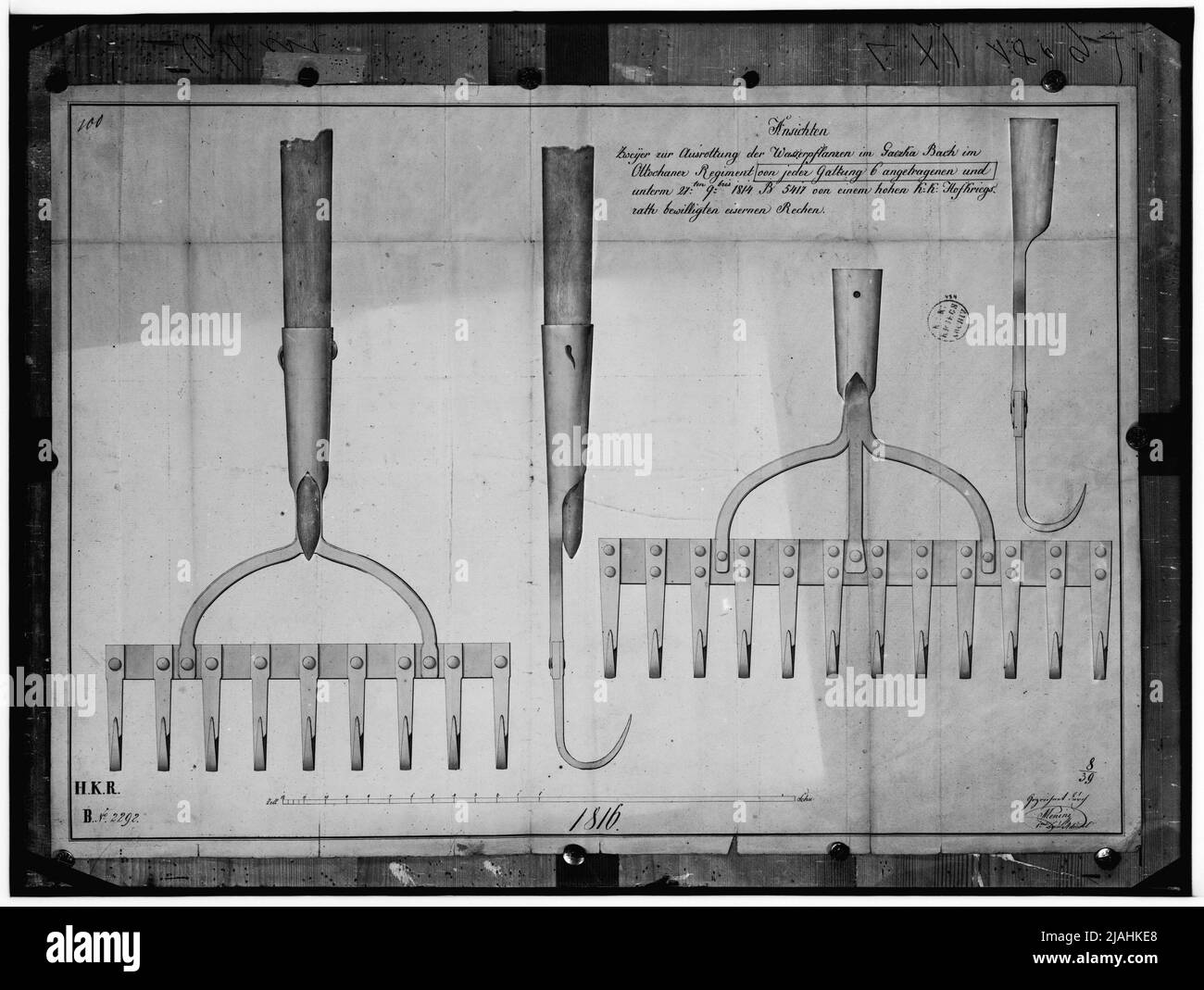 Construction drawing of a rake for river cleaning (1816 Stock Photo - Alamy