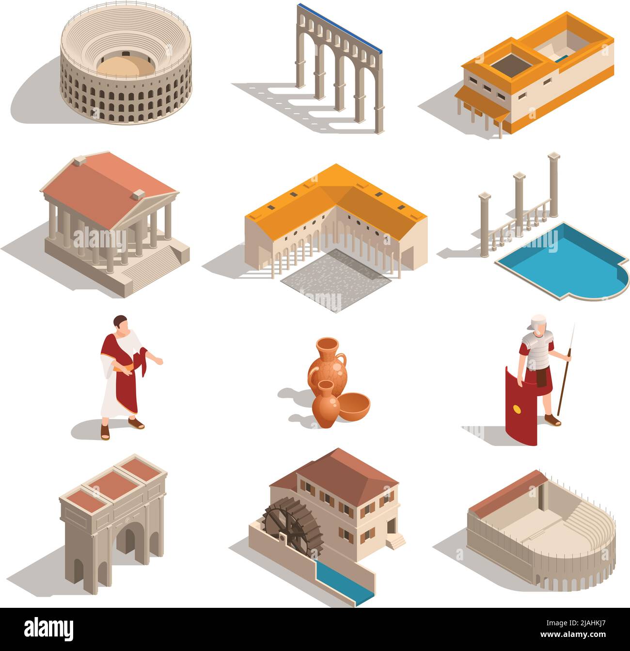 Ancient rome people landmarks architecture elements pottery isometric ...