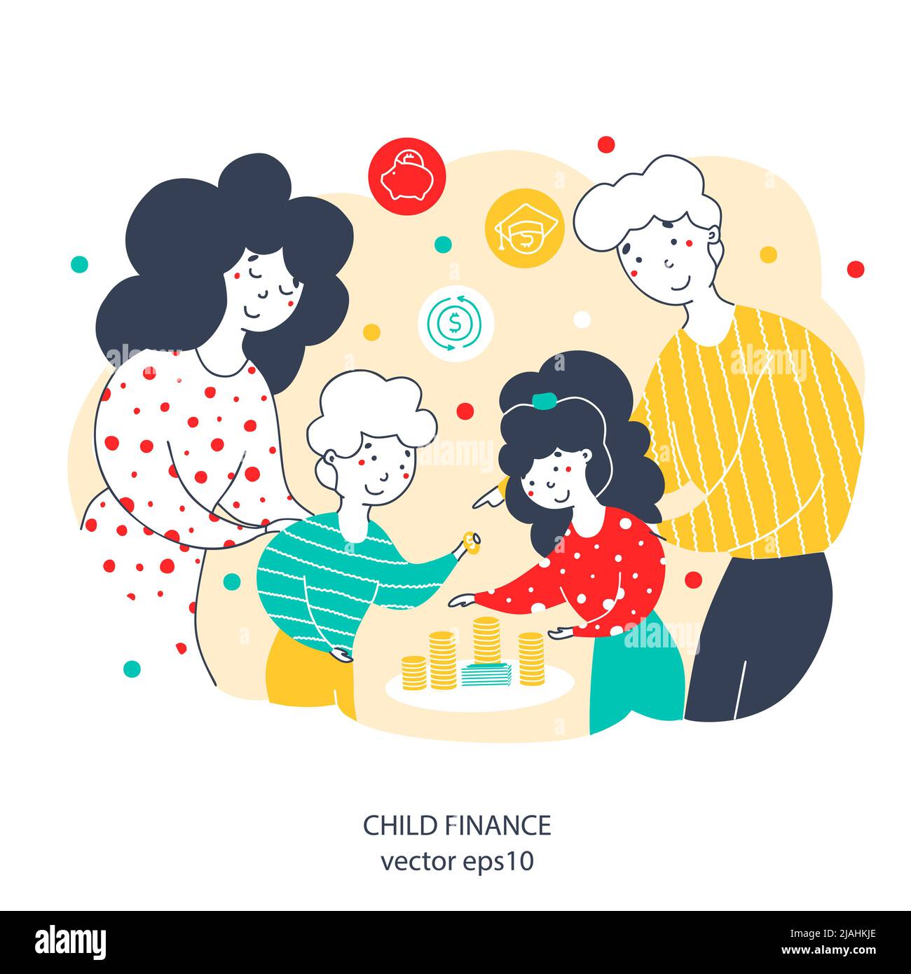 Kids and parents with money flat vector illustration. People stacking ...