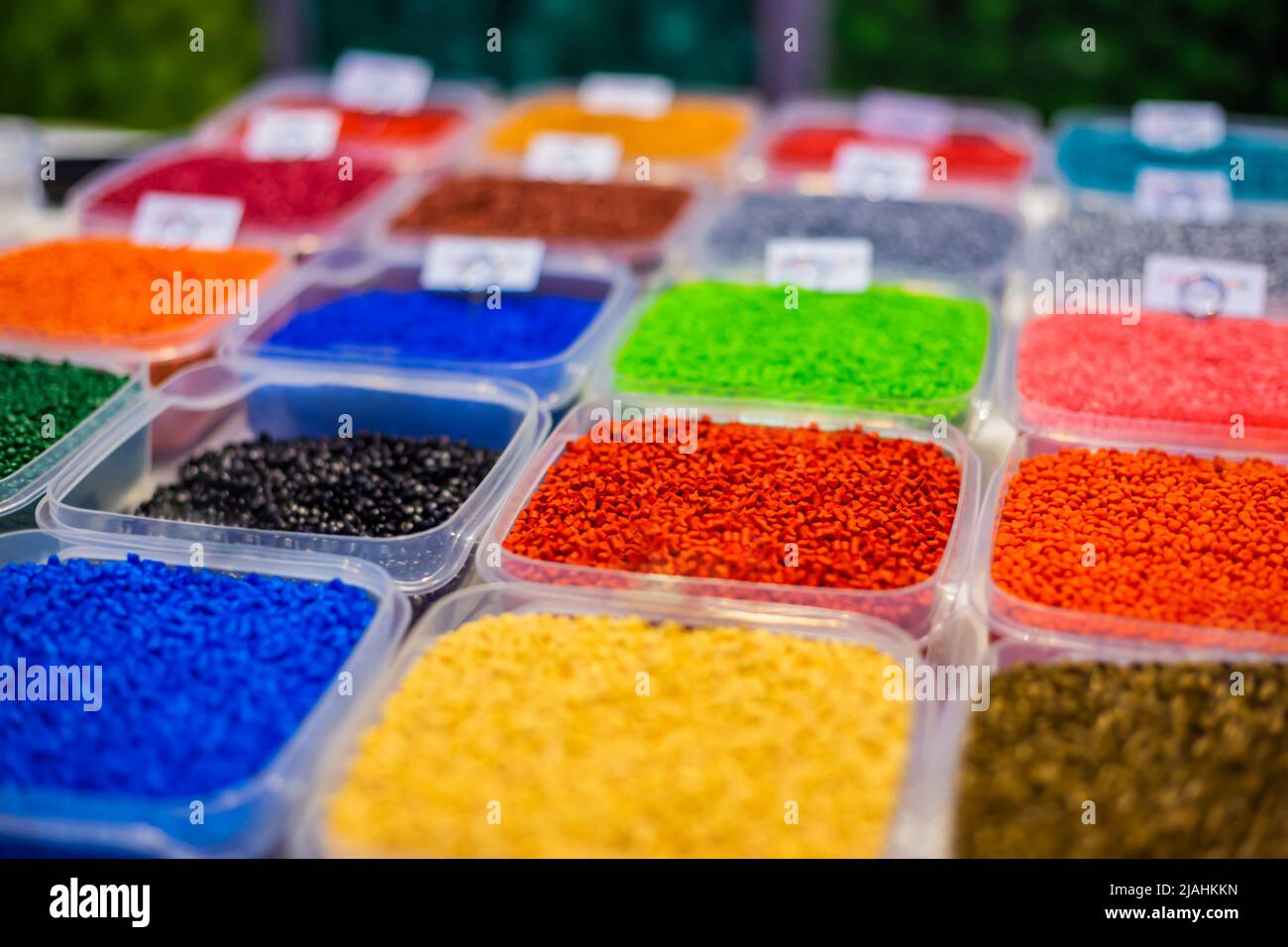 Plastic recycling - heap of colorful secondary granules - close up ...