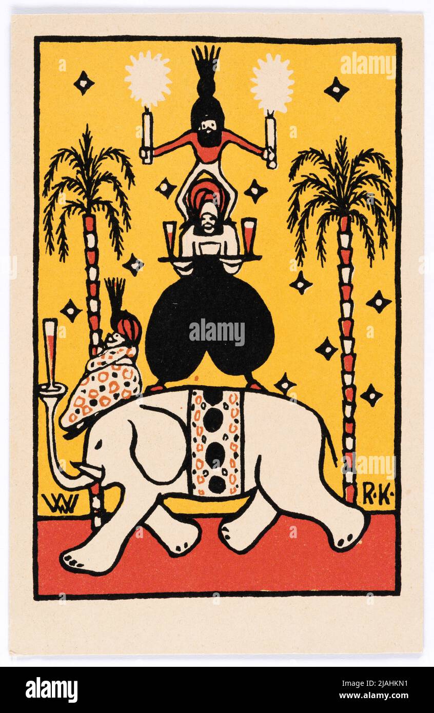 Postcard of the Wiener Werkstätte No. 59: Juggish act on an elephant ...
