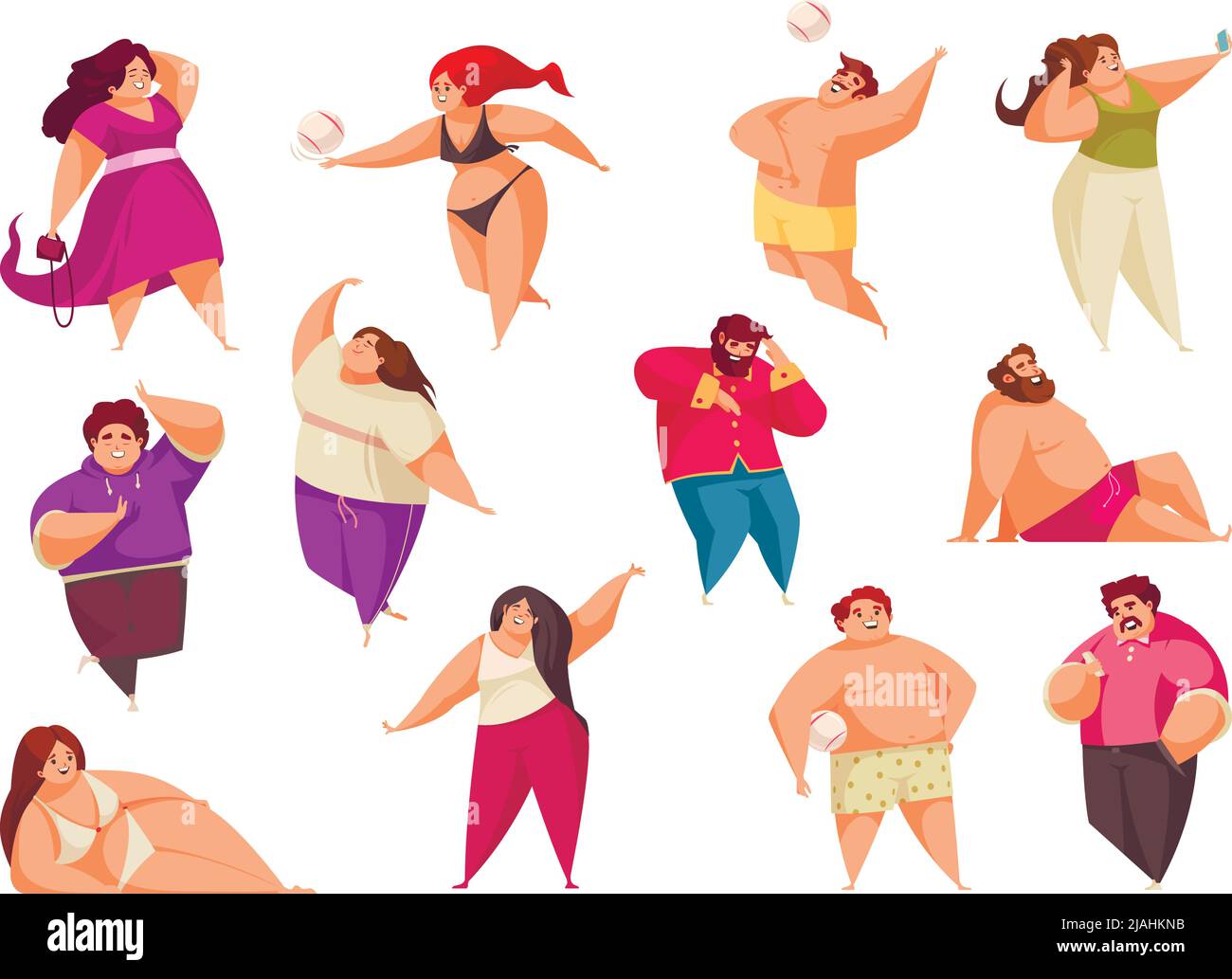Body positive icon set with woman and man enjoy life and do their own ...