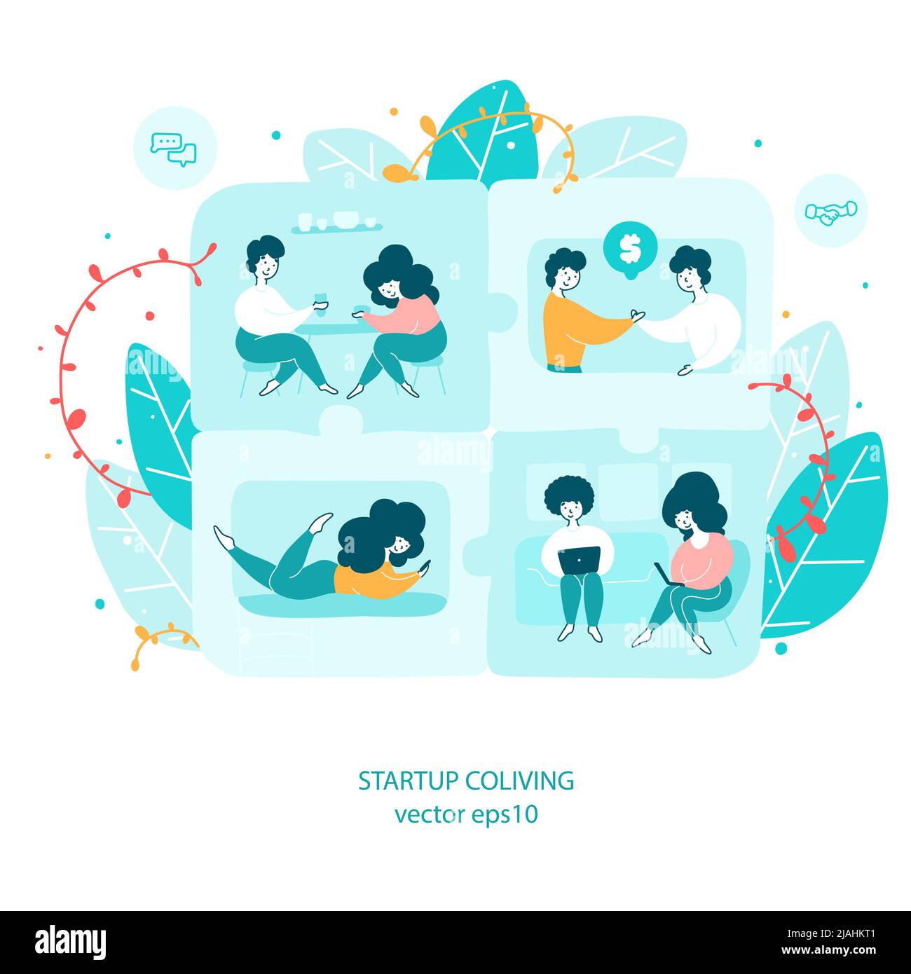 People sharing apartment hand drawn vector illustration. Young ...