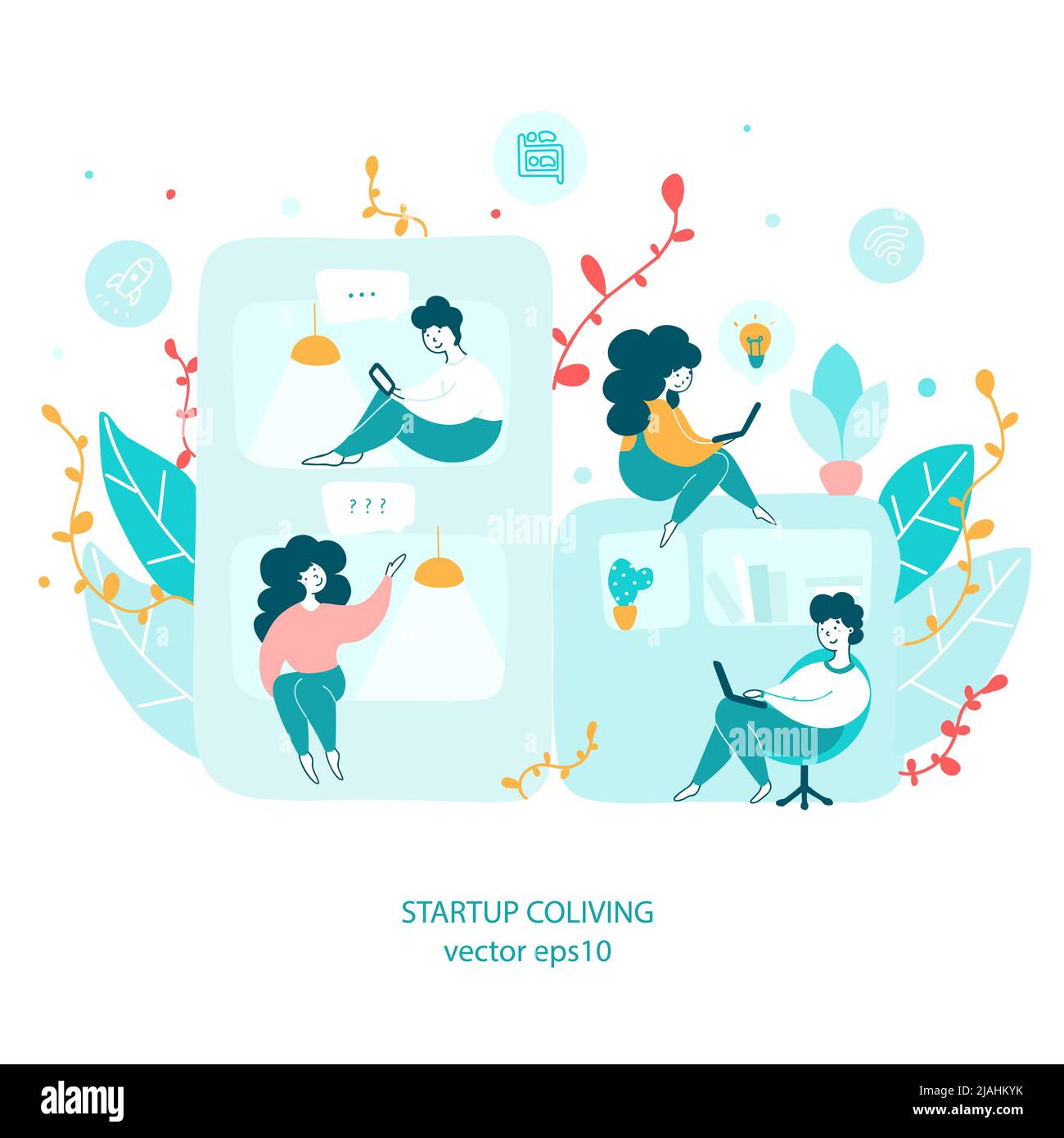 Startup coliving concept hand drawn vector illustration. Young creative ...