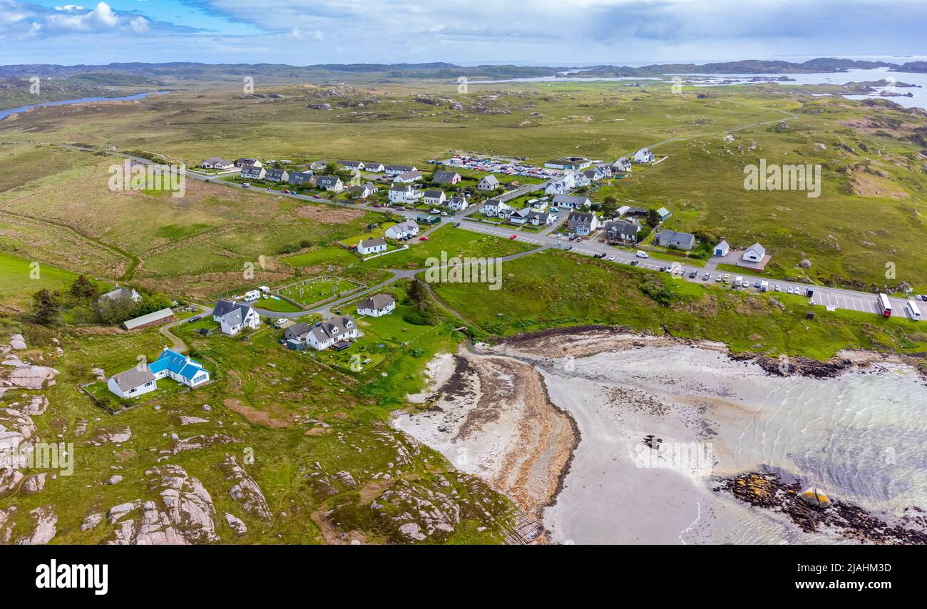 Aerial view from drone of village of Fionnphort on Isle of Mull, Argyll ...