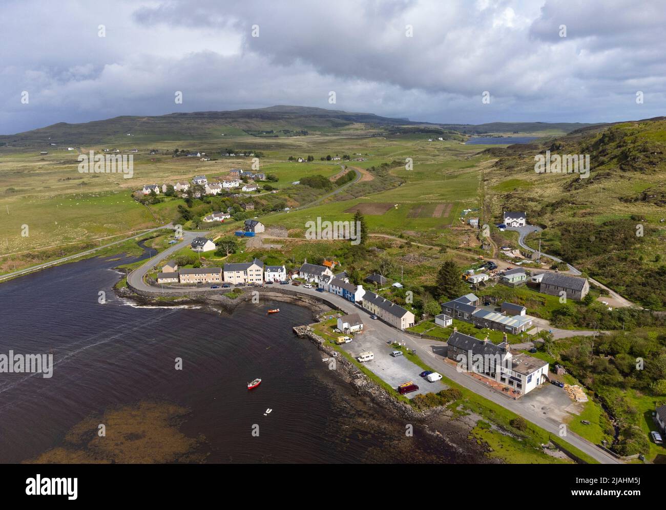 Aerial view from drone of village of Bunessan on Isle of Mull, Argyll ...