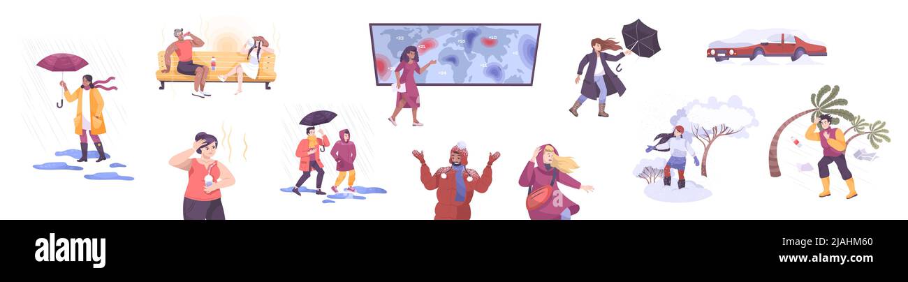 Weather set of flat icons with characters of people wearing seasonal ...