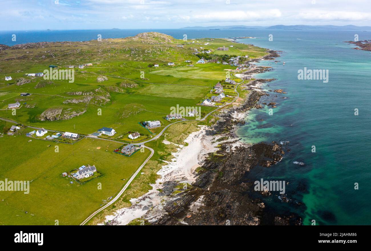 Aerial view from drone of Iona village on Isle of Iona, Argyll and Bute ...