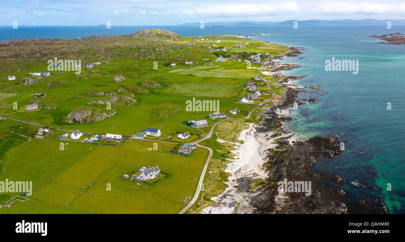 Aerial view from drone of Iona village on Isle of Iona, Argyll and Bute ...