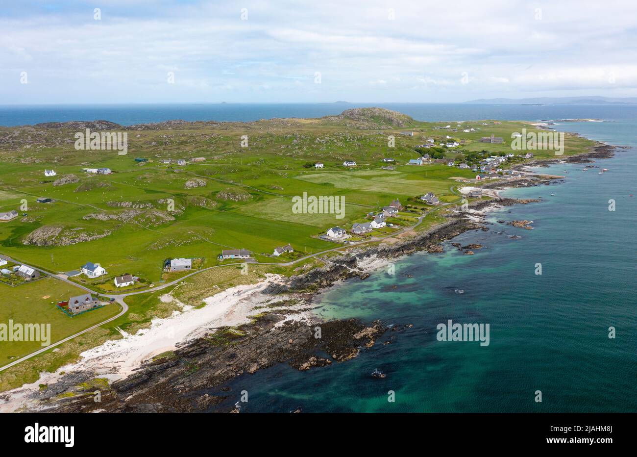 Aerial view from drone of Iona village on Isle of Iona, Argyll and Bute ...