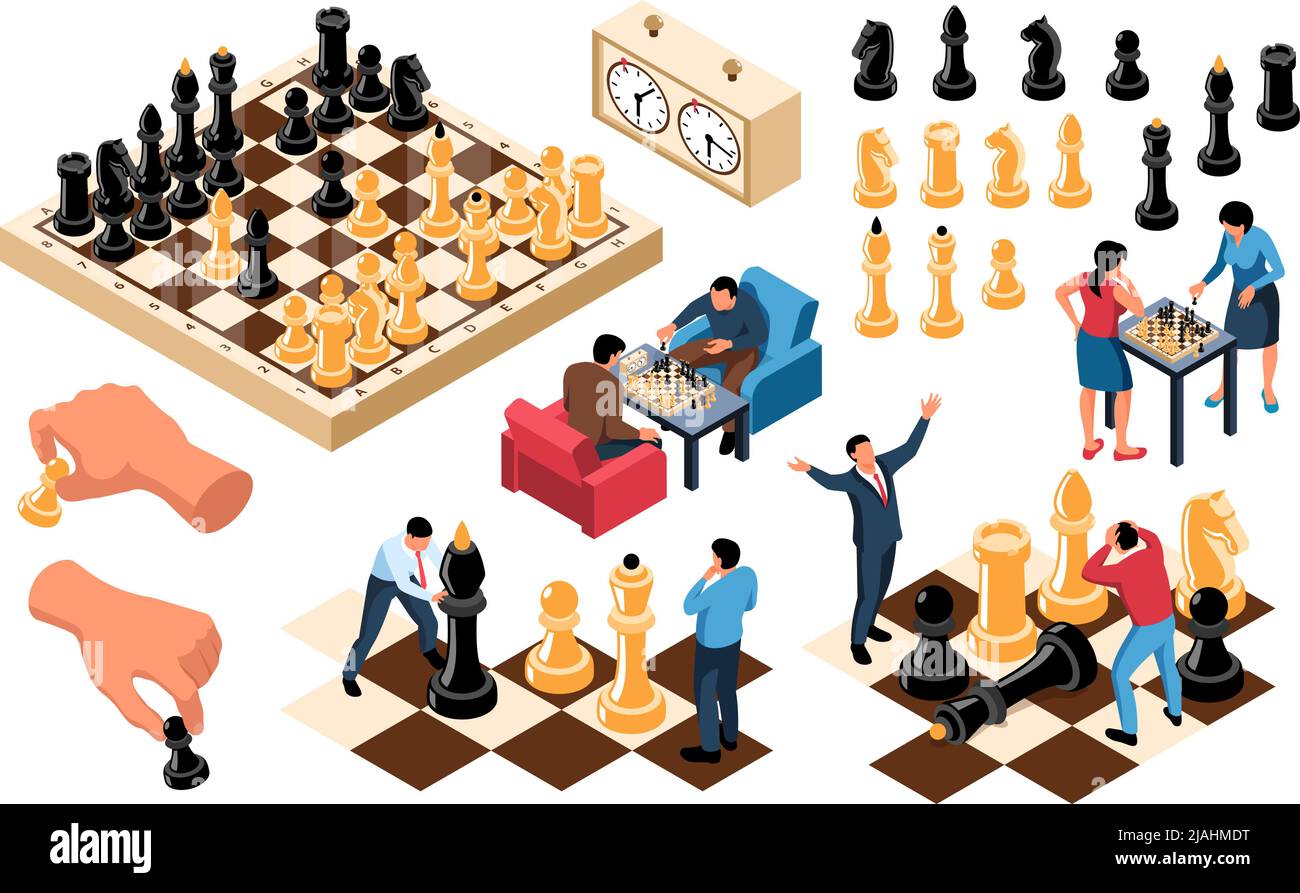 Set of isolated isometric chess icons with images of human hands ...