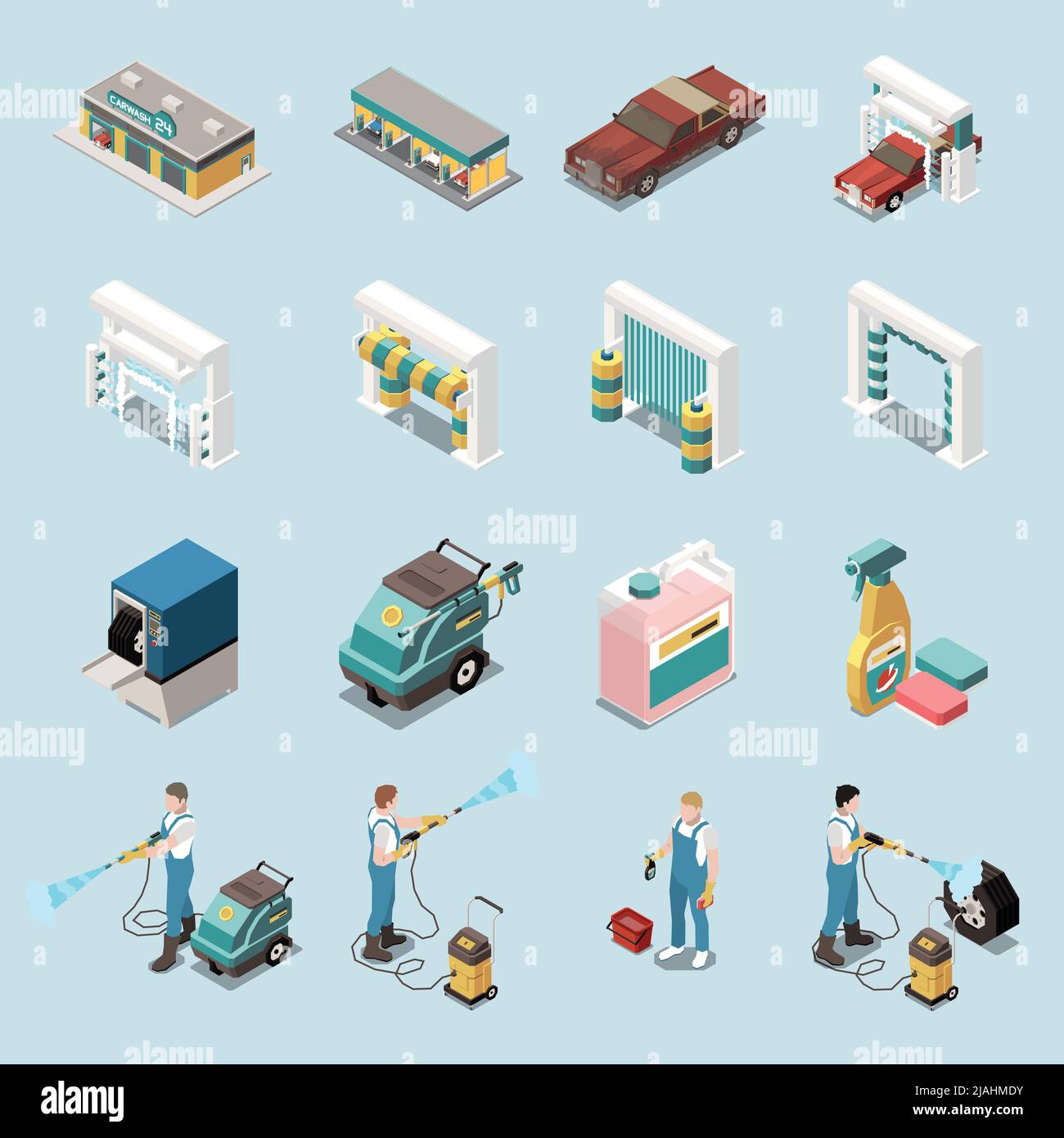 Car wash staff building tools for cleaning vehicle isometric icons set ...