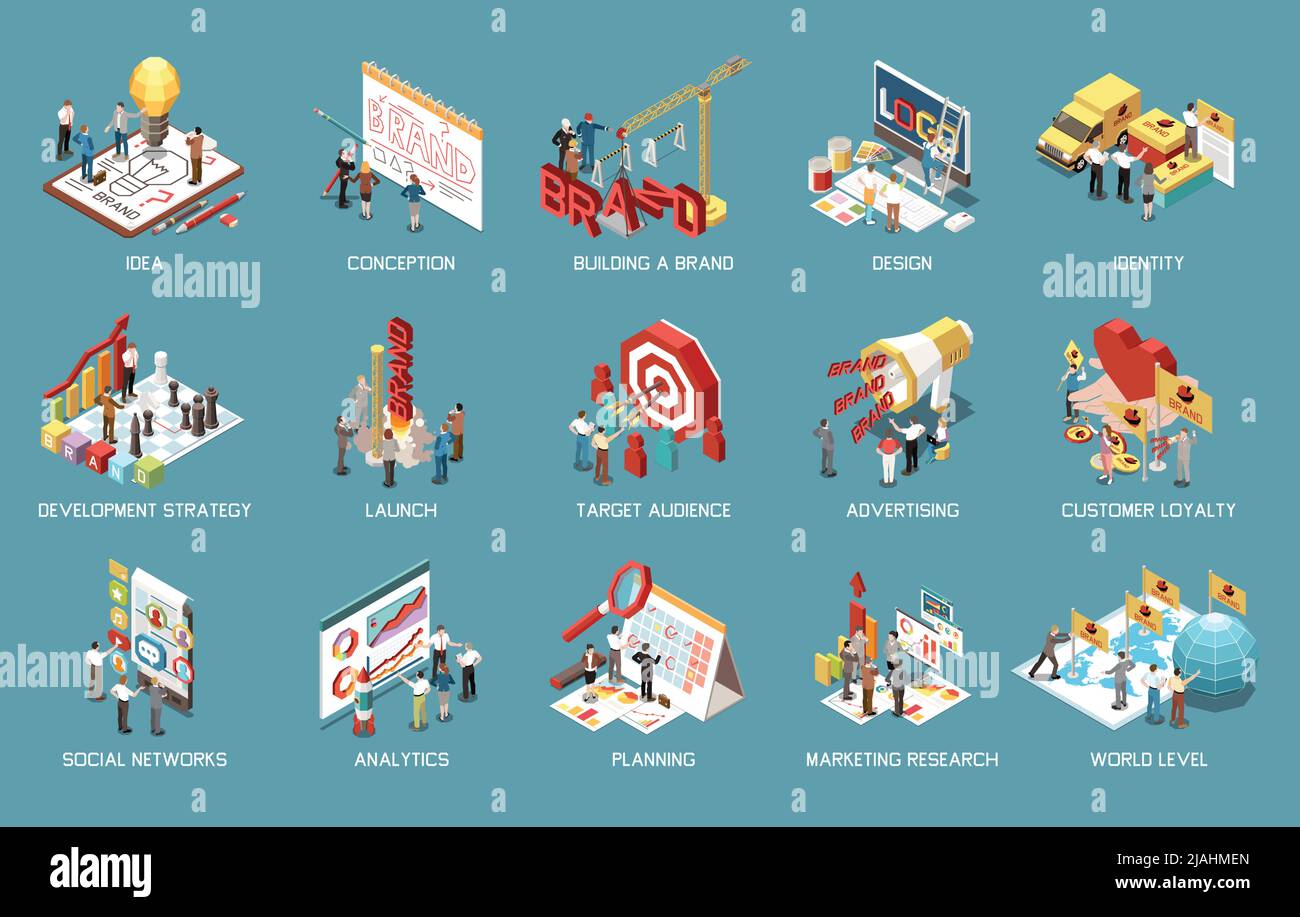 Branding concept icons set with launching brand creating idea analytics ...