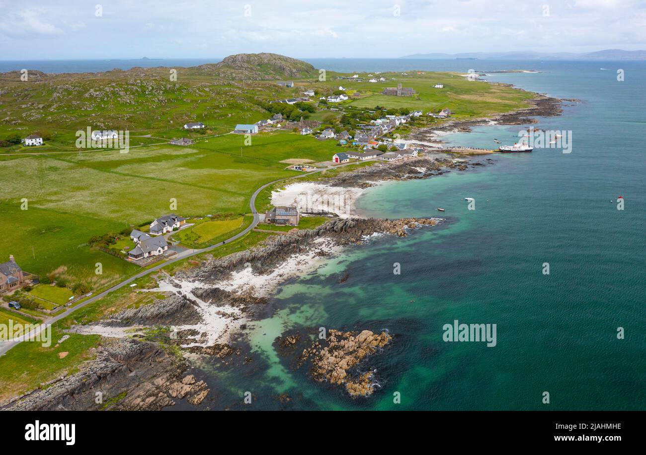 Aerial view from drone of houses on Isle of Iona, Argyll and Bute ...