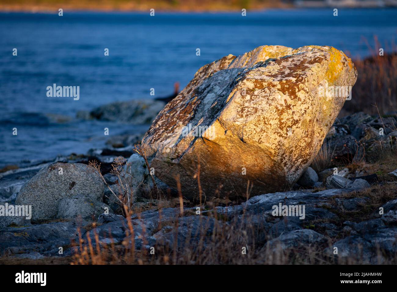 A large boulder/rock lying by the ocean. Soft winter sunshine in ...