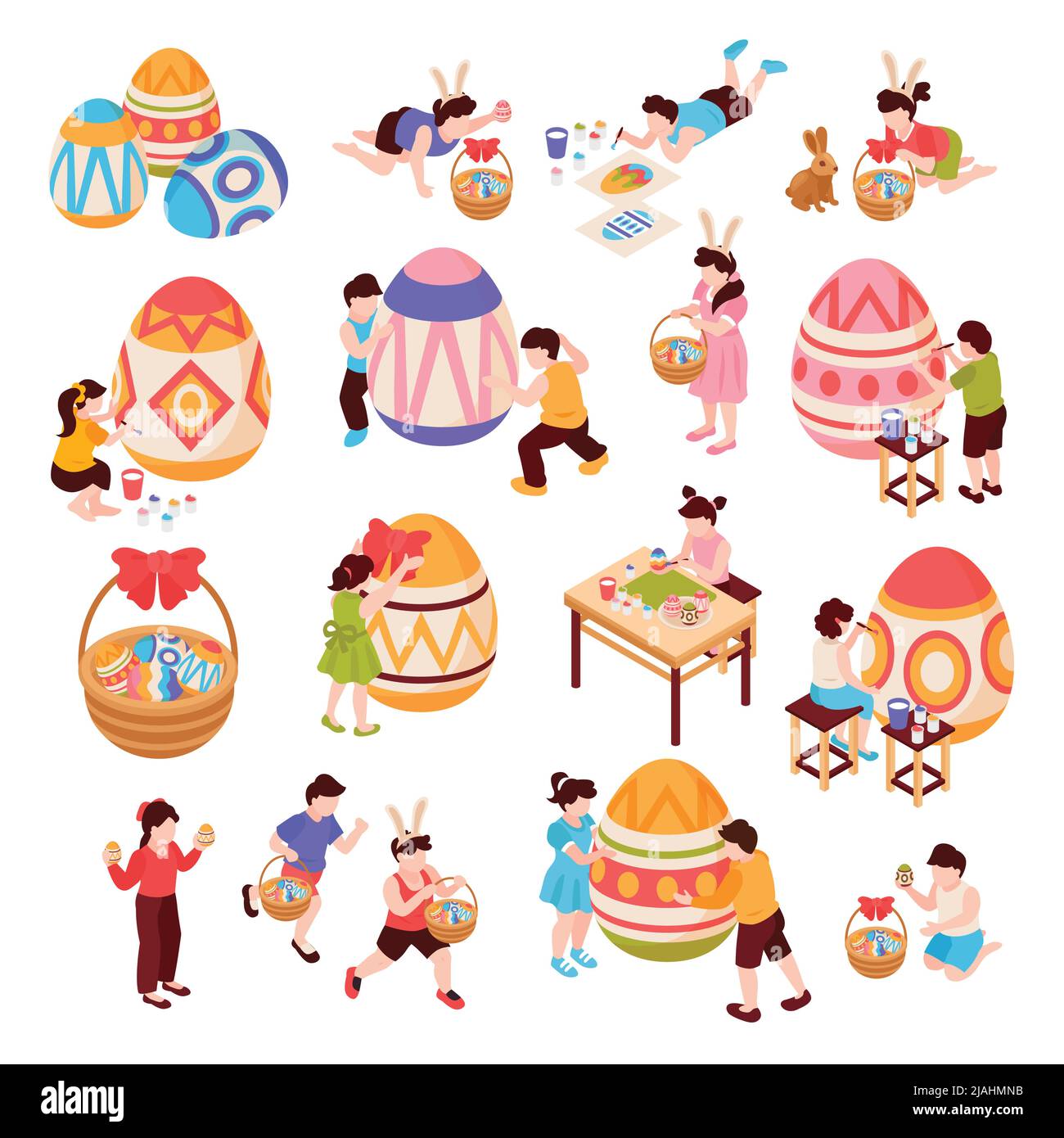 Easter isometric colored icons set of kid characters painting big eggs ...