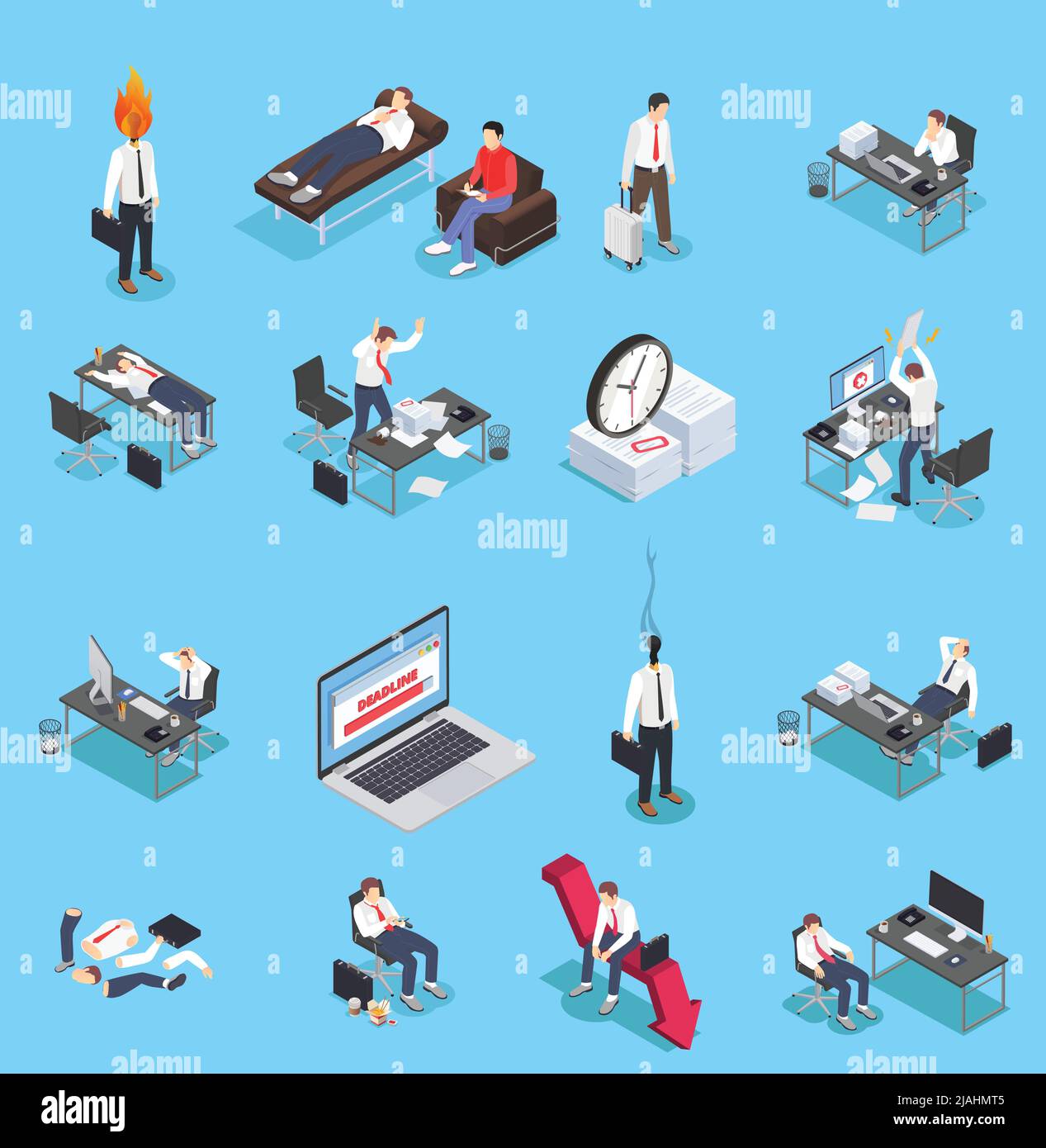 Professional burnout depression frustration isometric set of isolated ...