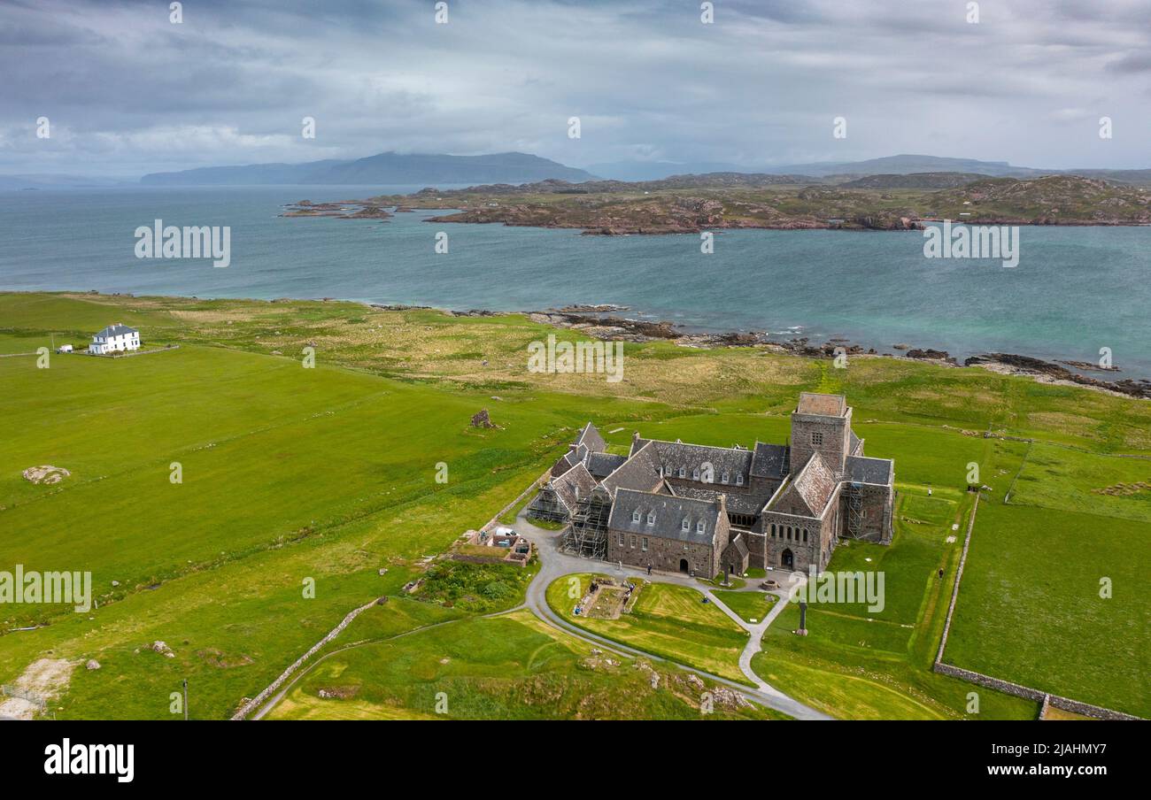 Aerial view from drone of Iona Abbey on Isle of Iona, Argyll and Bute ...
