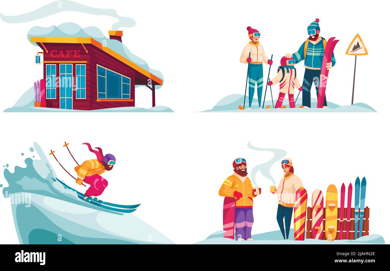 Winter alpine ski resort 4 cartoon compositions with equipment rental ...
