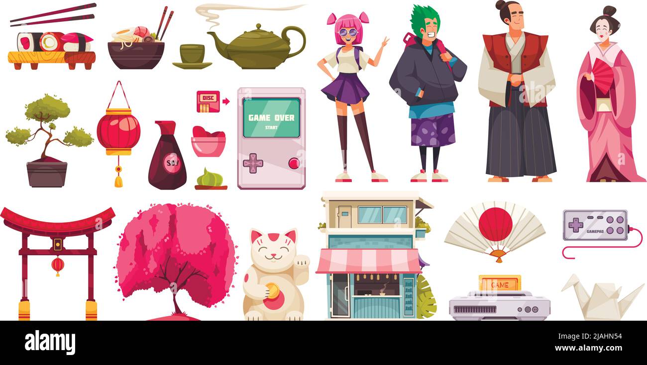 Japan set of isolated icons with traditional human characters modern ...