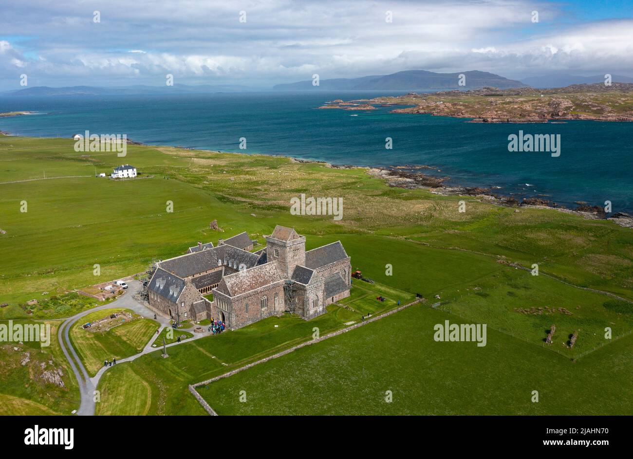 Aerial view from drone of Iona Abbey on Isle of Iona, Argyll and Bute ...