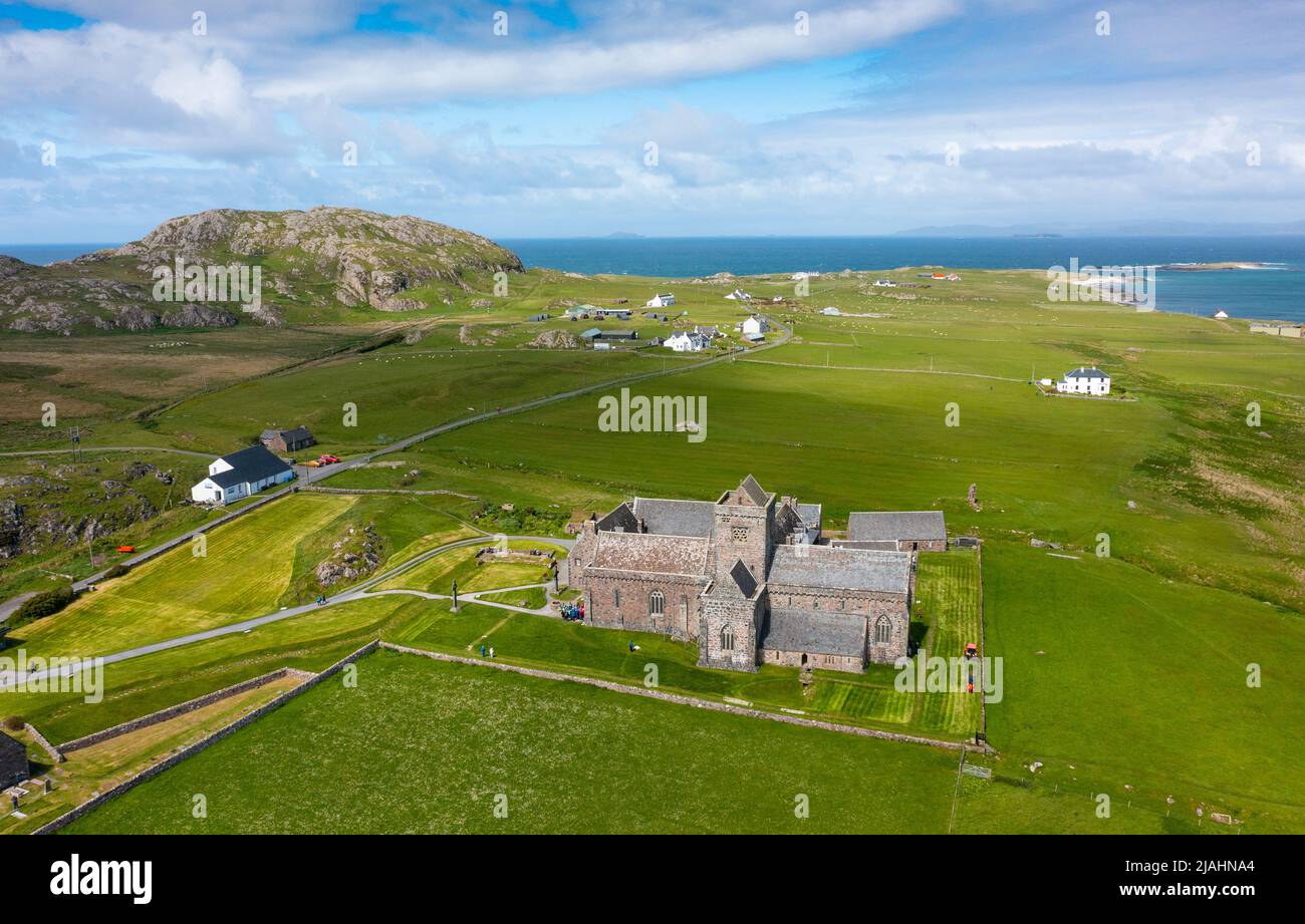 Aerial view from drone of Iona Abbey on Isle of Iona, Argyll and Bute ...