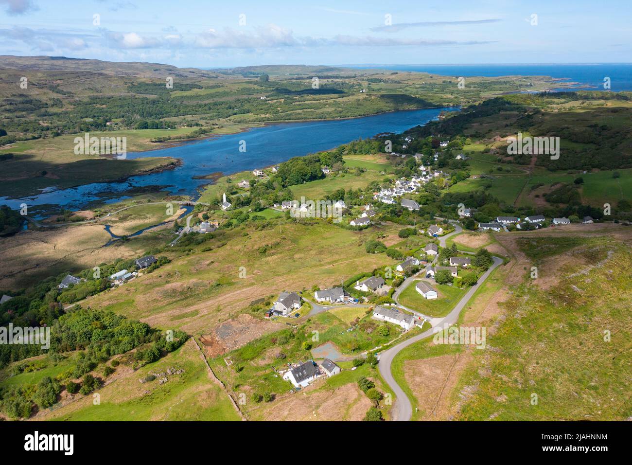 Aerial view from drone of village of Dervaig on Isle of Mull, Argyll ...