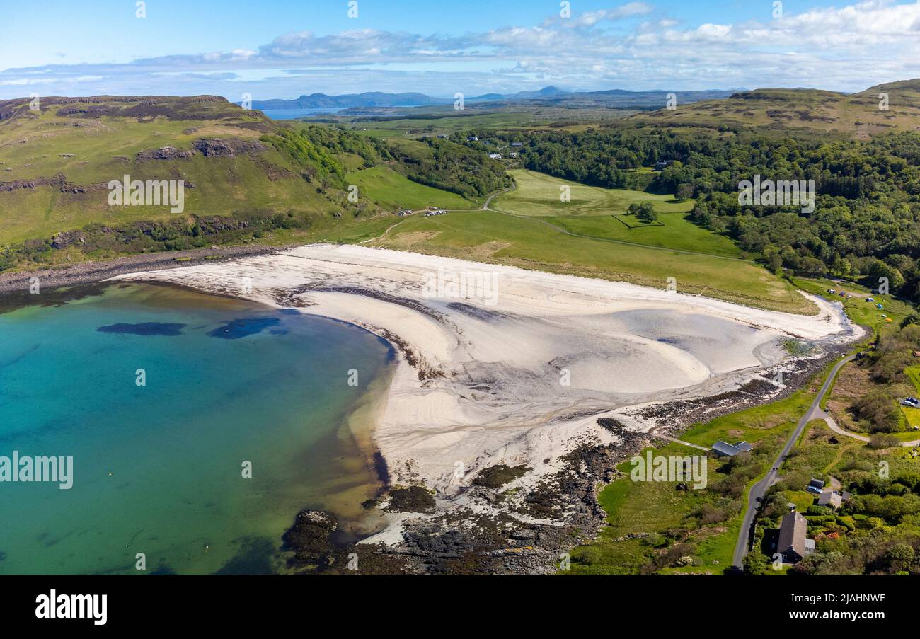 Aerial view from drone of beach at Calgary Bay on Isle of Mull, Argyll ...