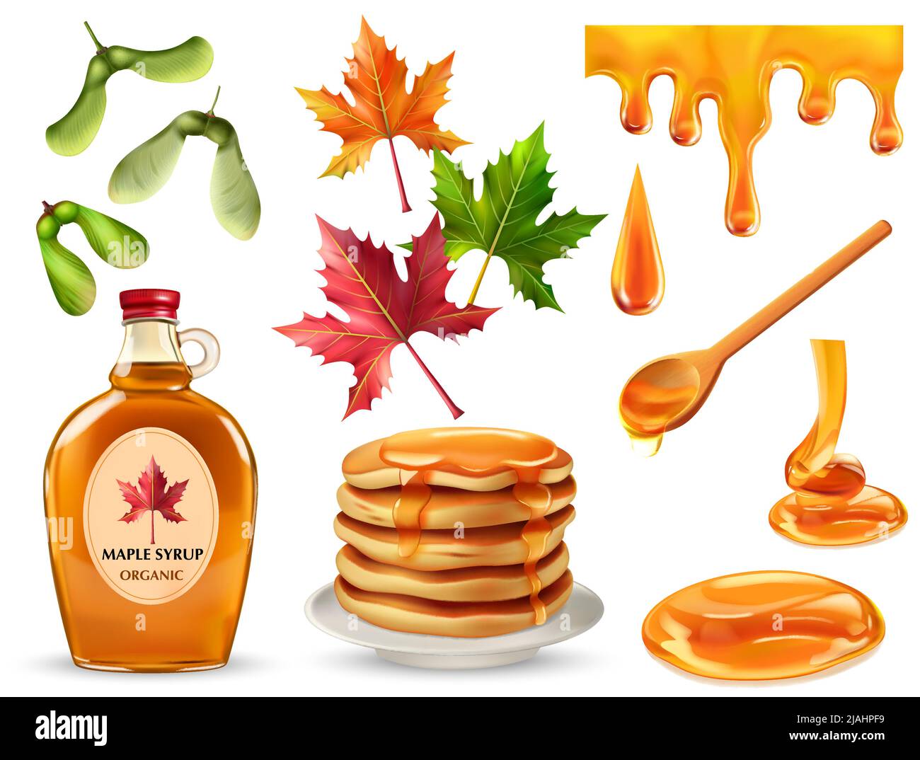 Maple syrup set with isolated realistic pancakes drops spoon colorful ...