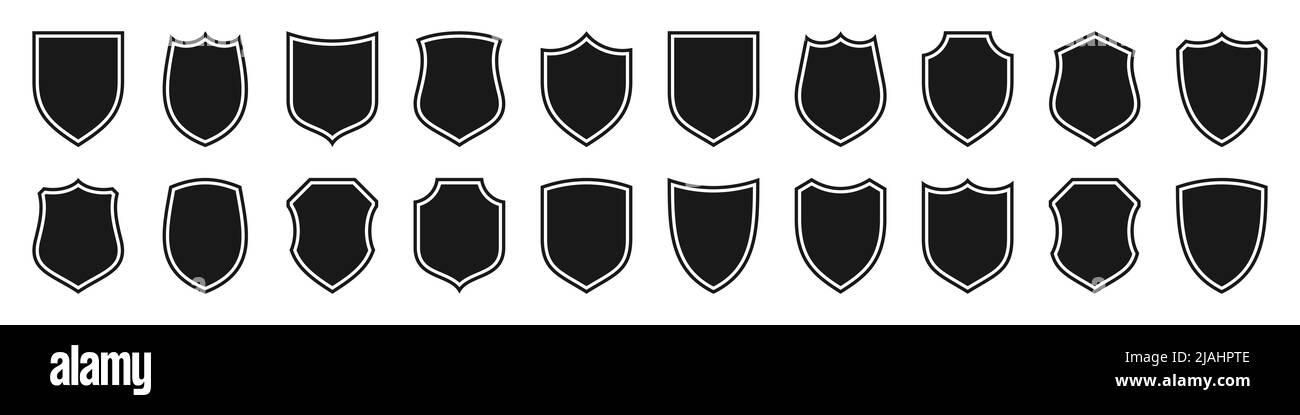 Set of various vintage shield icons. Black outlined heraldic shields ...