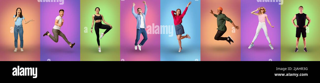 Stylish people posing on colorful backgrounds, collage Stock Photo - Alamy