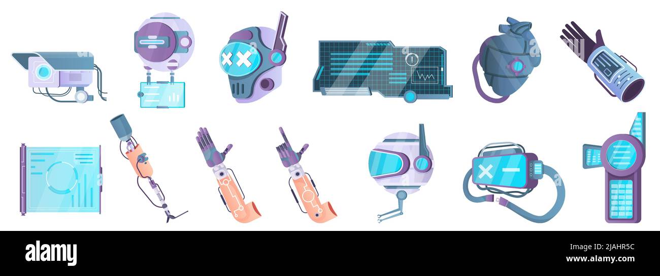 Cyberpunk technology set of flat isolated icons with exoskeleton parts ...