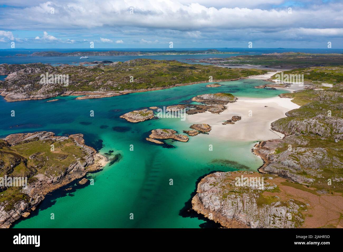 Aerial view from drone of Knockvologan beach on Isle of Mull, Argyll ...