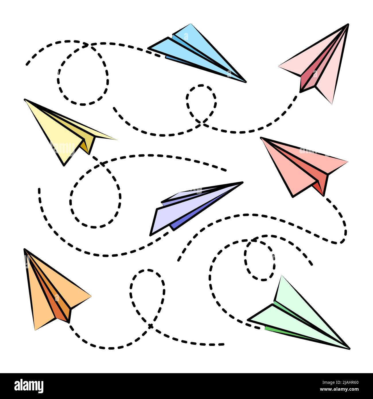 Various hand drawn paper planes. Colorful doodle airplanes with dotted ...