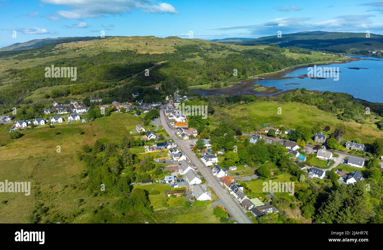 Aerial view from drone of Salen village on Isle of Mull, Argyll and ...