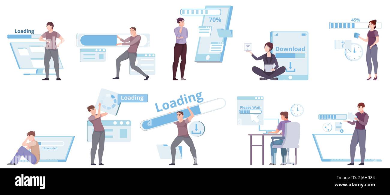 Loading set of flat isolated icons with human characters holding ...